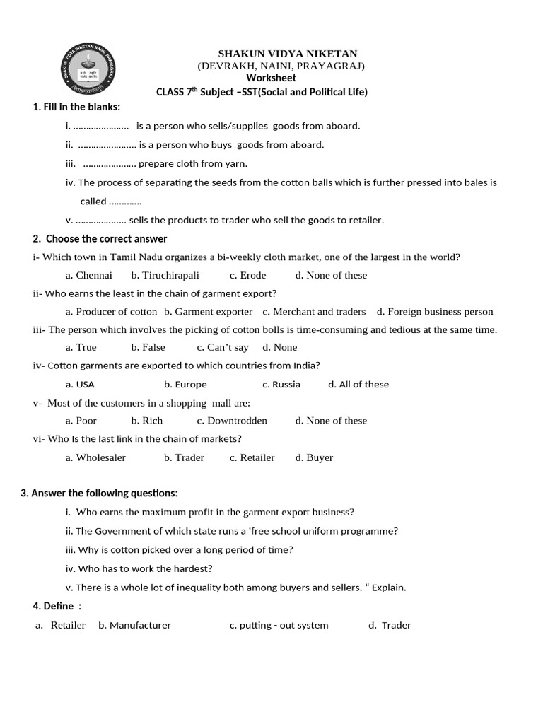 Worksheet - S, ST (Civics) Class 7 | PDF