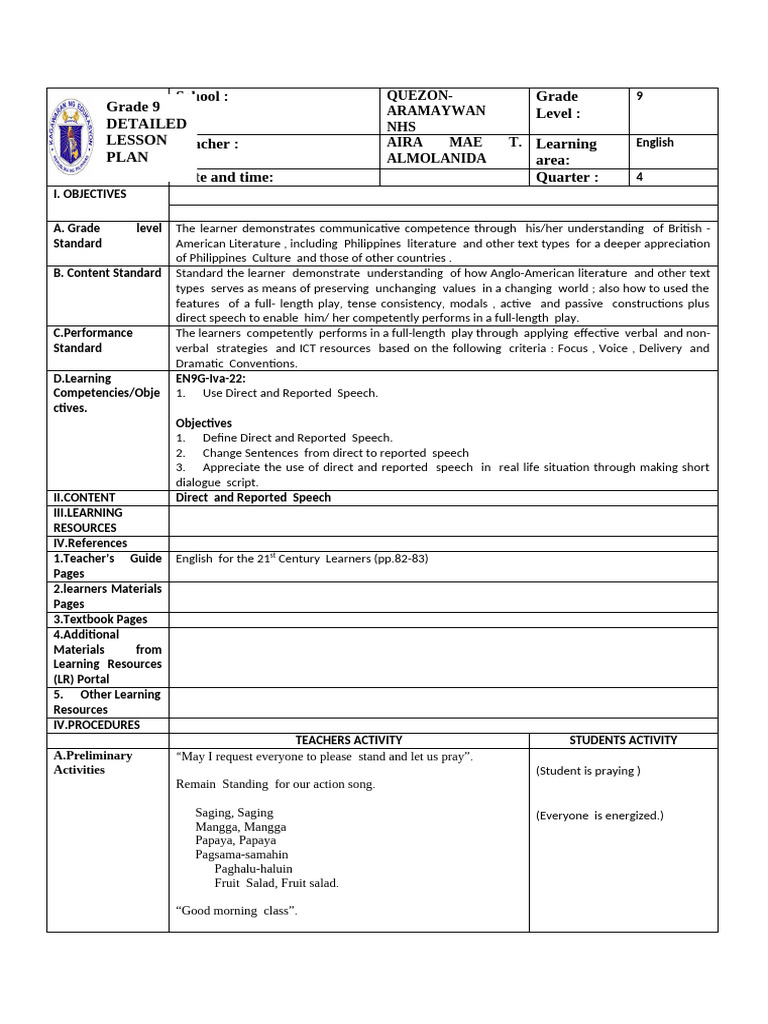 Derict and Reported Speech - Lesson Plan - Docx22222222222222 | PDF ...