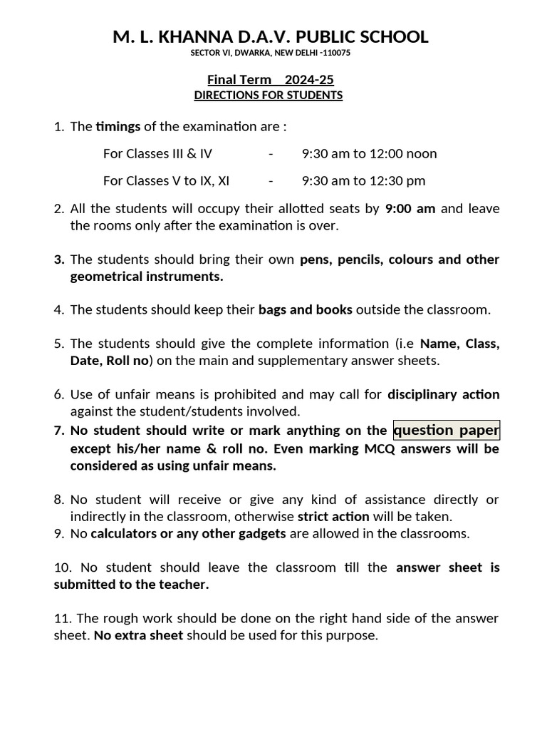 Guidelines For Students Final Term 2024-25 | PDF