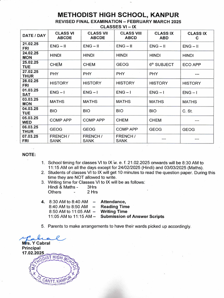 Revised Final Exam Date Sheet Classes 6 To 9 2025 Pdf Tests