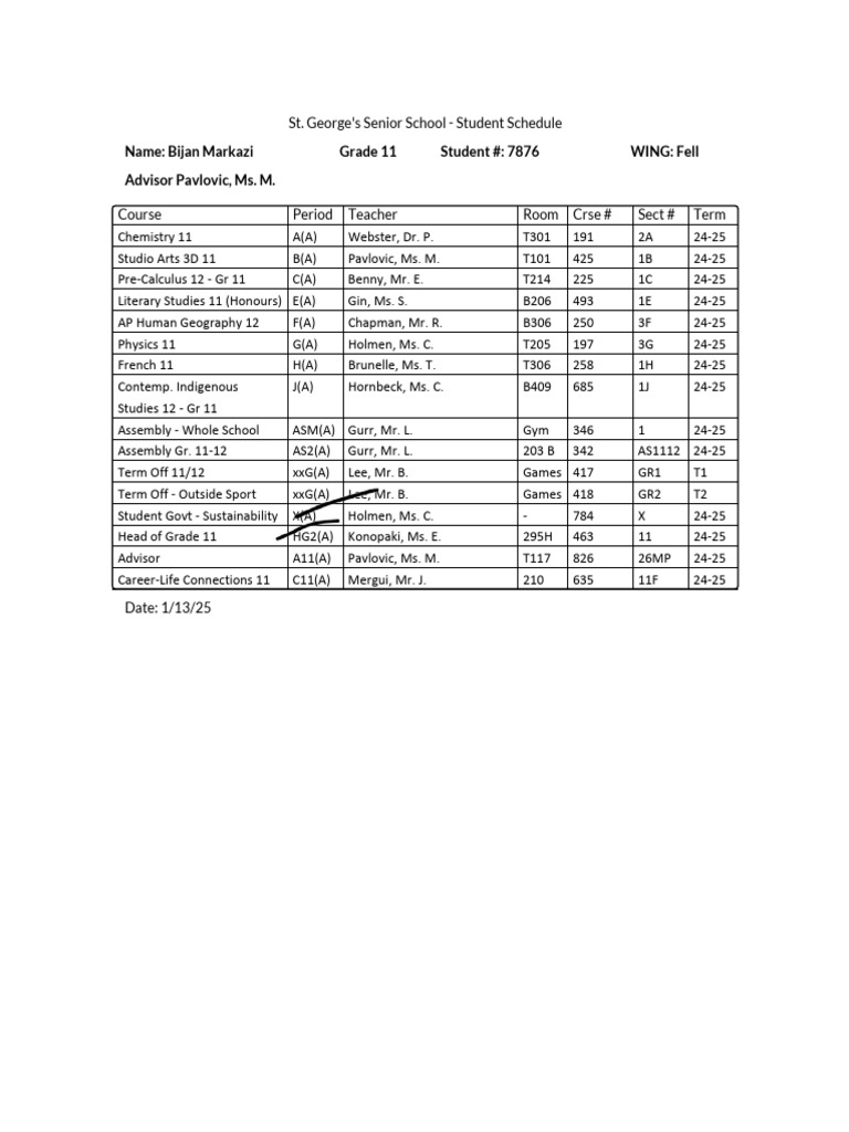 Grade 11 Student Schedule Overview | PDF
