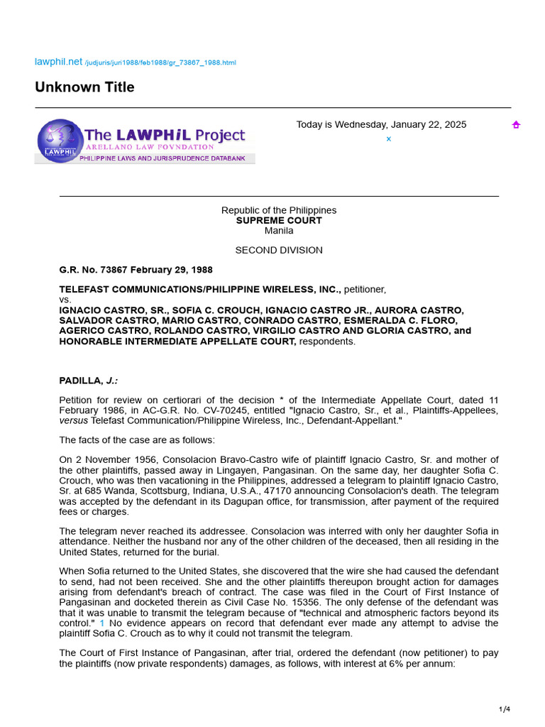 04 Telefast v. Castro, 158 SCRA 445 | PDF | Damages | Negligence