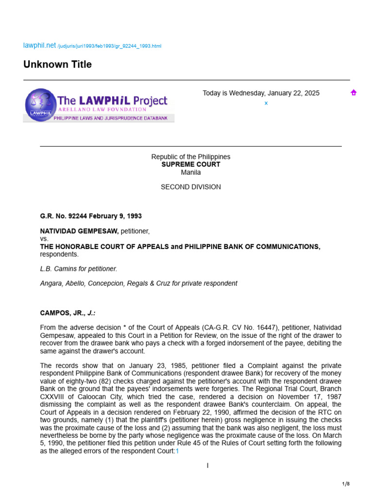 05 Gempesaw v. CA, 218 SCRA 682 | PDF | Cheque | Legal Liability
