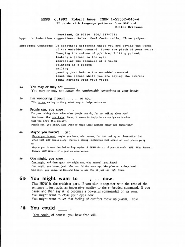 52 Cards With Language Patterns From NLP & Milton Erickson - Text | PDF