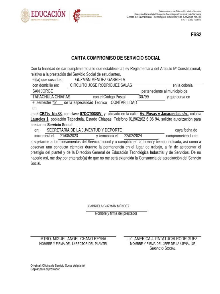 Carta Compromiso Servicio Social CBTis 88 | PDF
