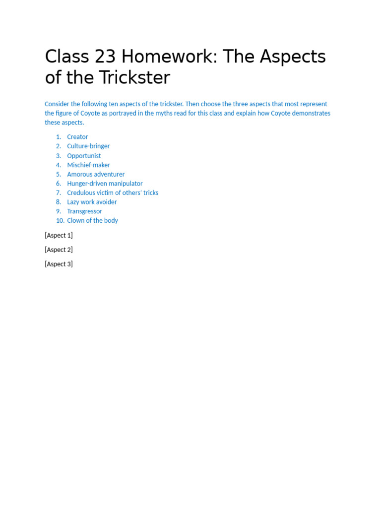 Class 23 Homework - The Aspects of the Trickster | PDF