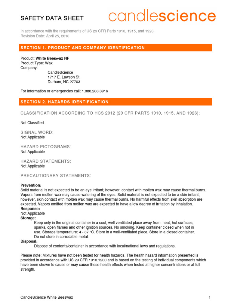 White Beeswax NF Safety Guidelines | PDF | Toxicity | Firefighting