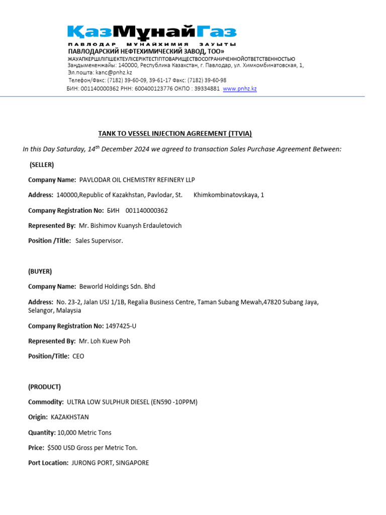 Tank To Vessel Injection Agreement (TTVIA) | PDF | Indemnity | Chemical ...