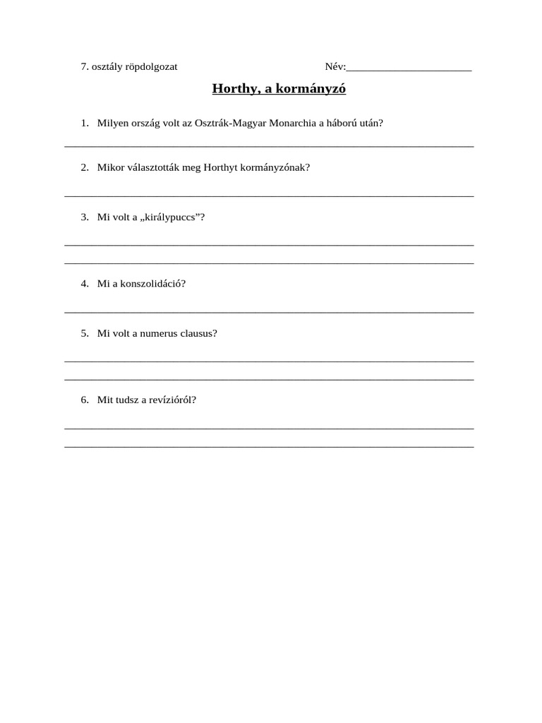Osztály Röpdolgozat Horthy | PDF
