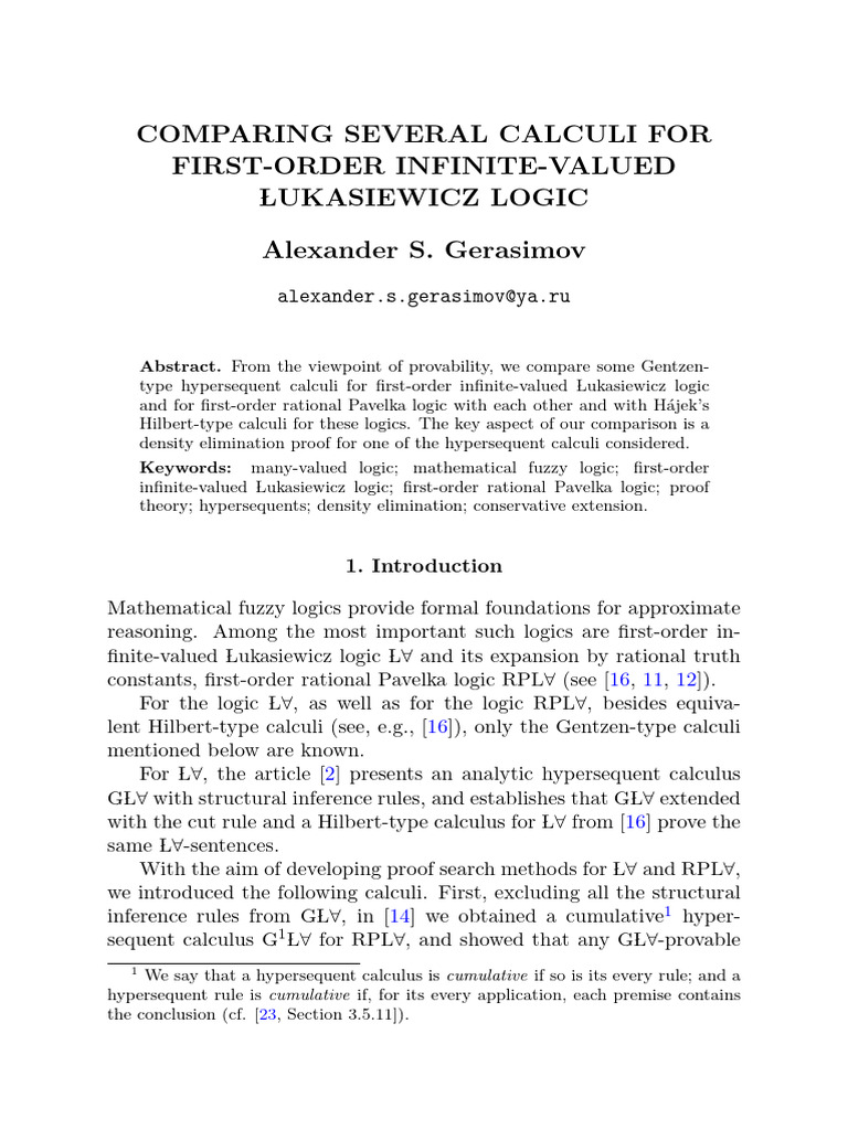 Comparing Several Calculi For First-Order Infinite-Valued Lukasiewicz Logic | PDF | Mathematical ...