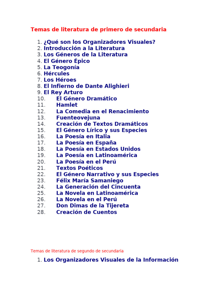 Temas de Literatura para 1° Secundaria | PDF | Perú