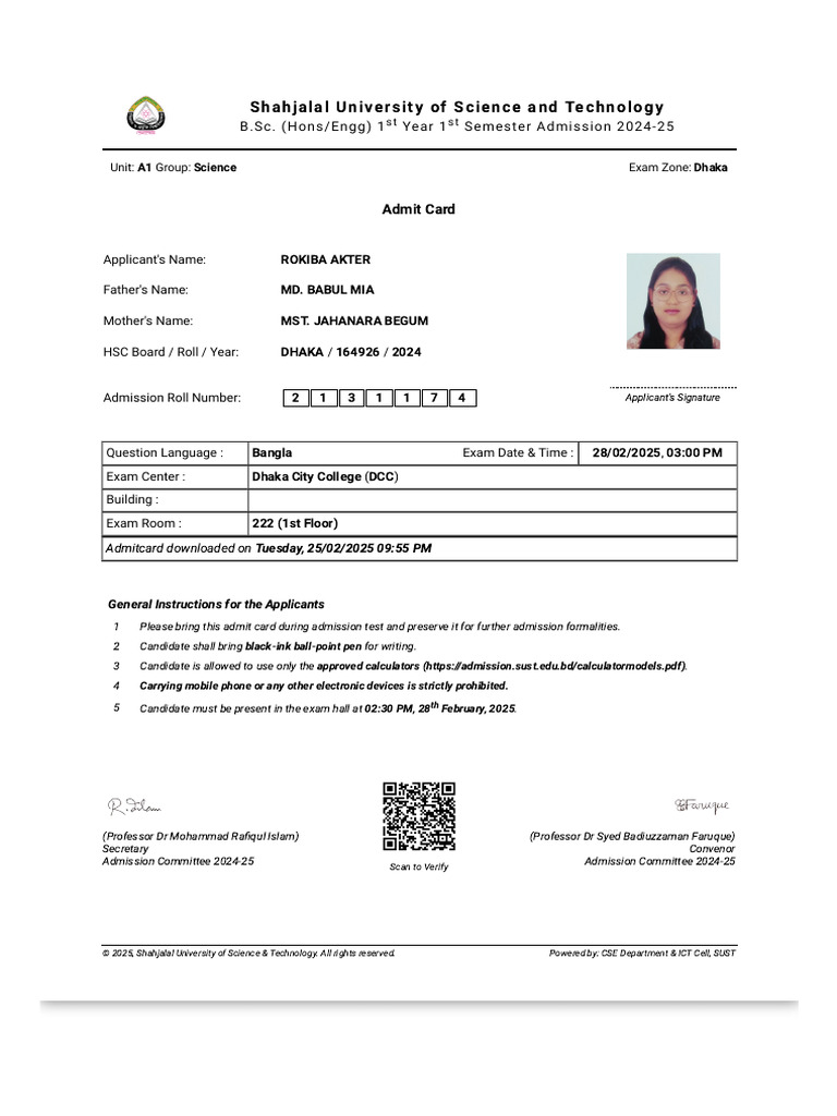 SUST 2024-25 Admission Admit Card | PDF