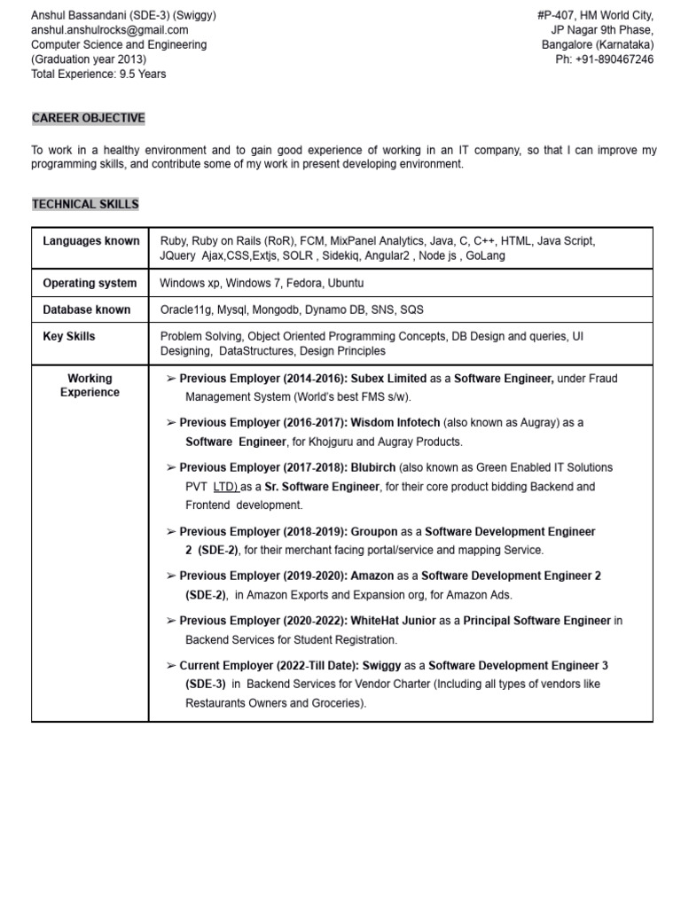Resume Anshul Bassandani Swiggy-SDE-3 PDF | PDF | Postgre Sql | Ruby On Rails