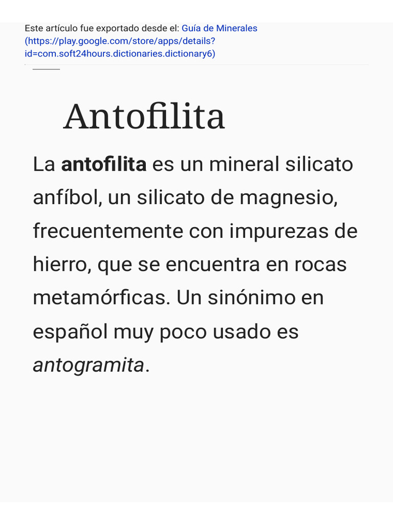 Características del mineral antofilita | PDF | Minerales | Mineralogía