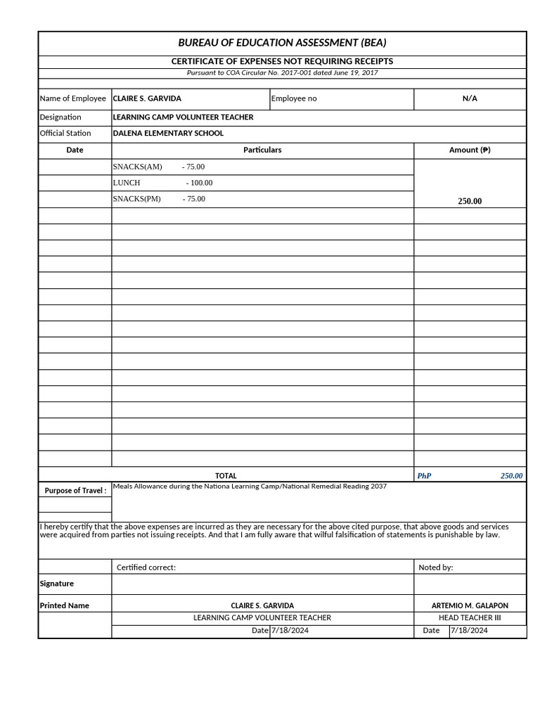 Cernn Coa Form Faes NLC | PDF