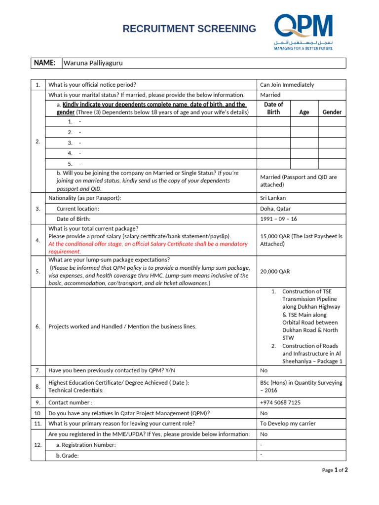QPM Recruitment Screening Form REV | PDF | Government And Personhood