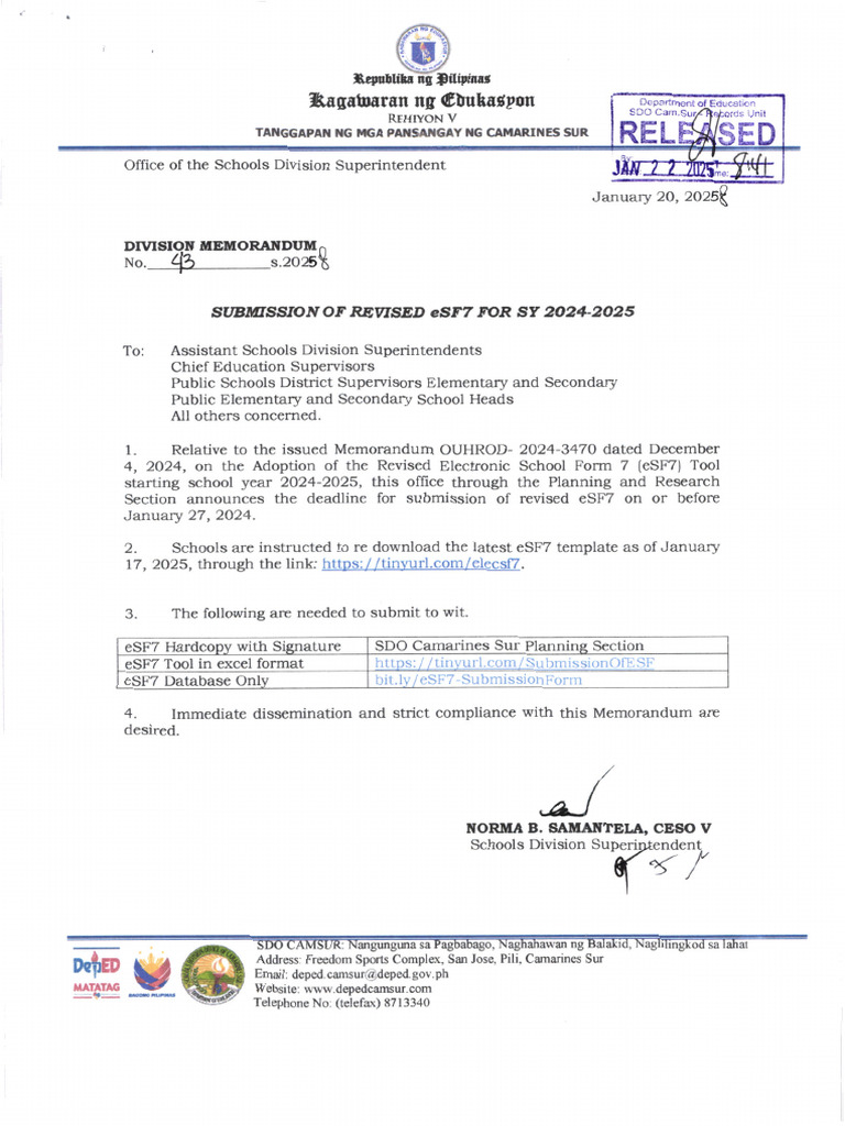 43-s.-2025 (Submission of Revised ESF7-SY 2024-2025) | PDF