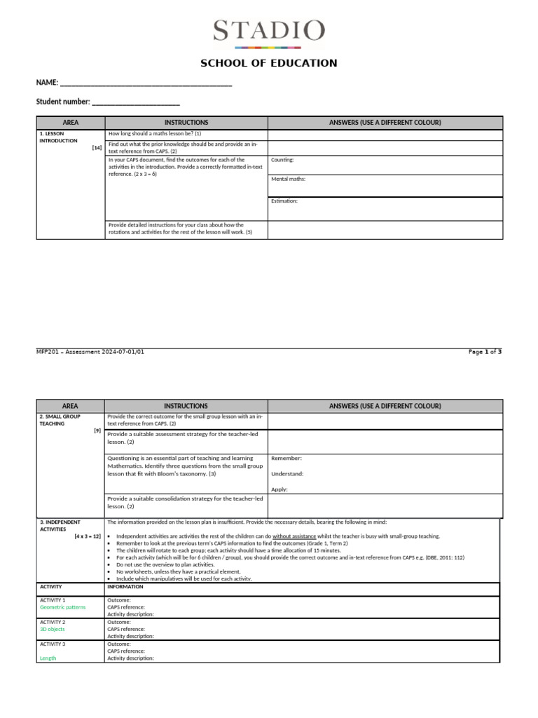 Stadio Answer Template - mfp201 - ss1 2024 | PDF | Educational ...