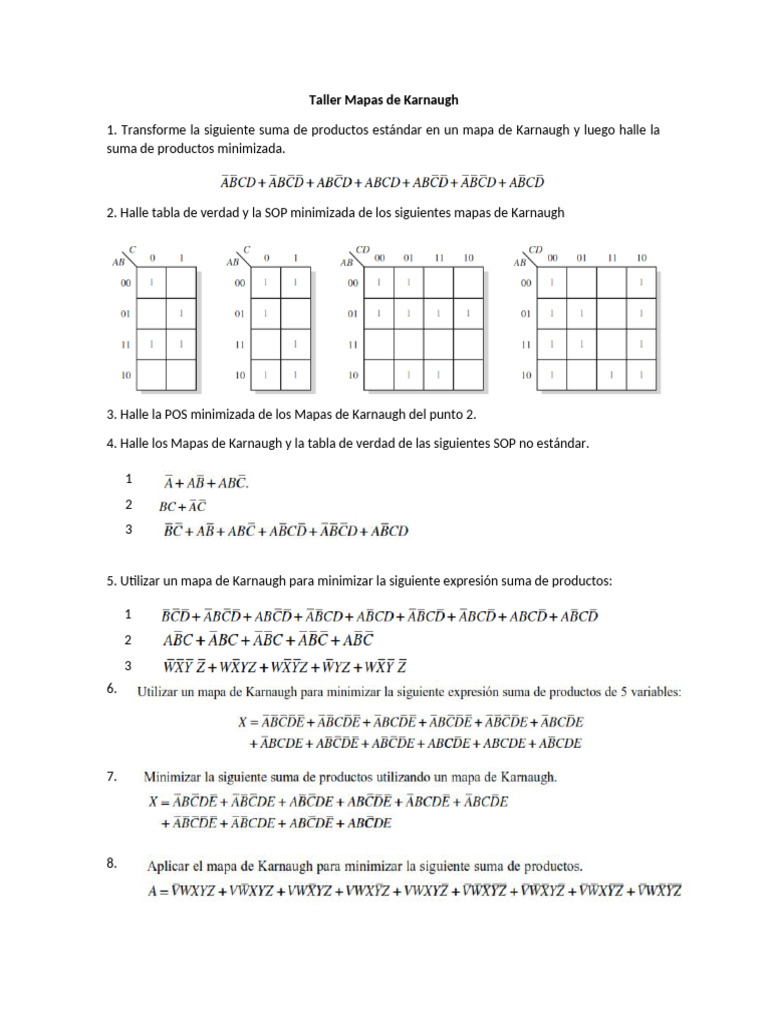 Taller de Mapas de Karnaugh y Circuitos Lógicos | PDF | Cambiar | Puerta lógica