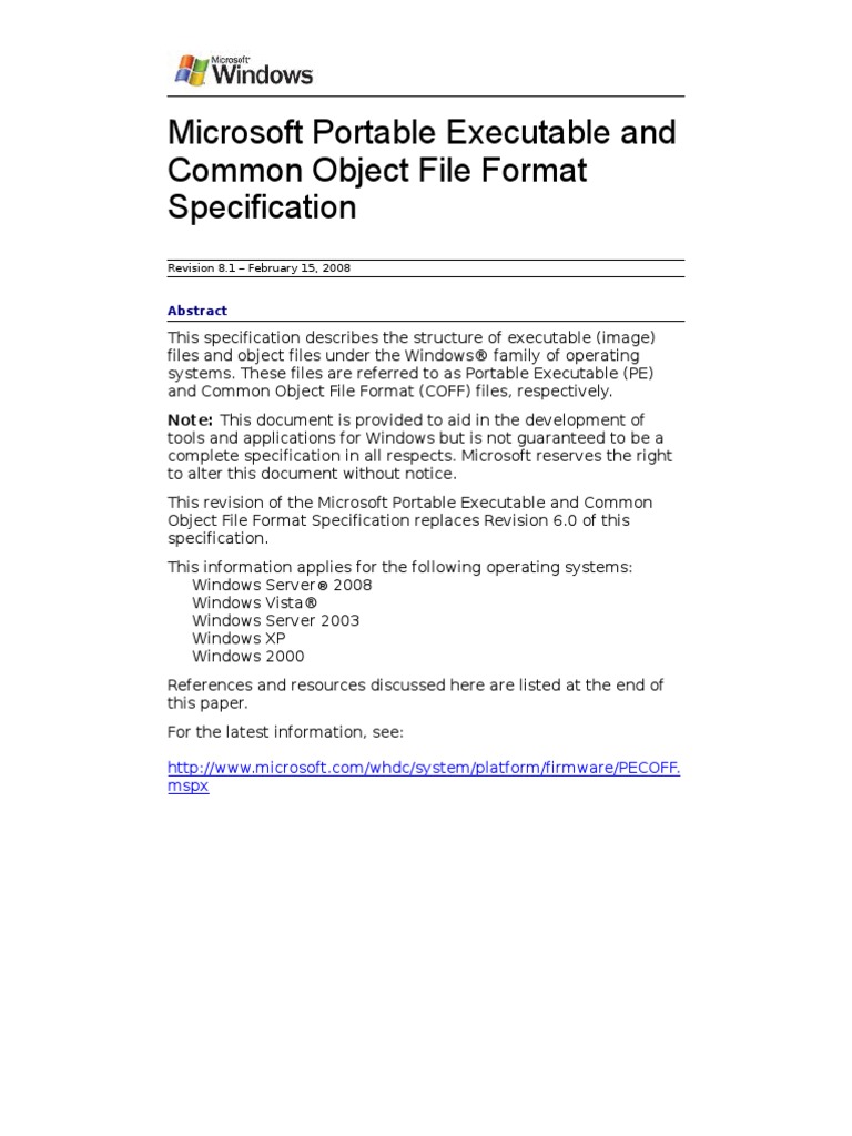 Microsoft Portable Execution And Common Object File Format Specification Pdf Microsoft