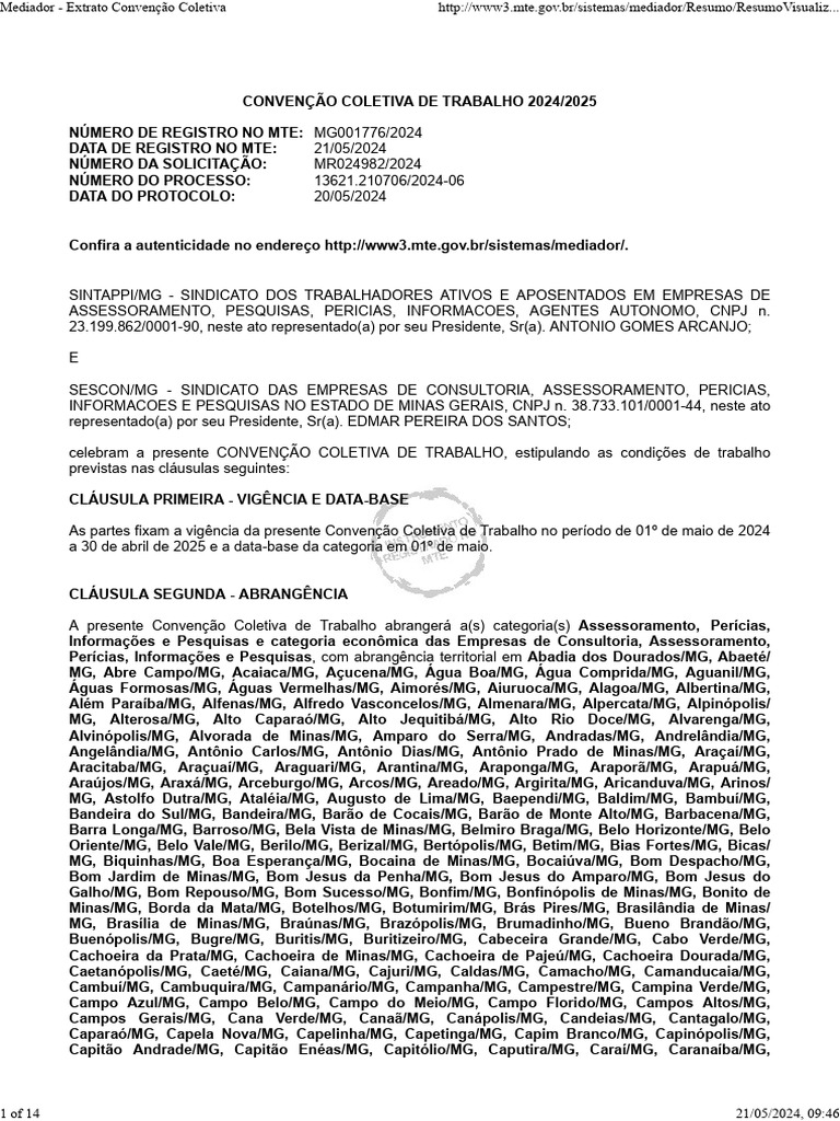 CCT 2024 2025 - SESCON SINTAPPI - MG - Homologada MTE | PDF | Férias trabalhistas | Sindicato