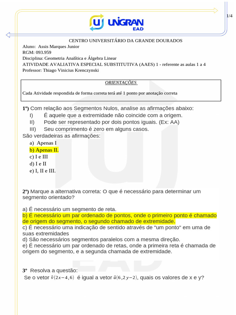 Atividade Avaliativa Especial - Prova 1algebra | PDF | Linha (Geometria) | Vetor euclidiano