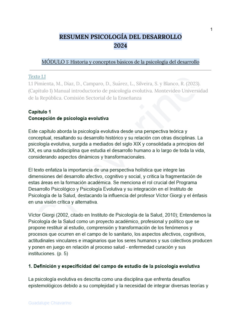 Resumen Psicologia Del Desarrollo, 2024 - Guadalupe Chiavarino | PDF | Sicología | Sigmund Freud