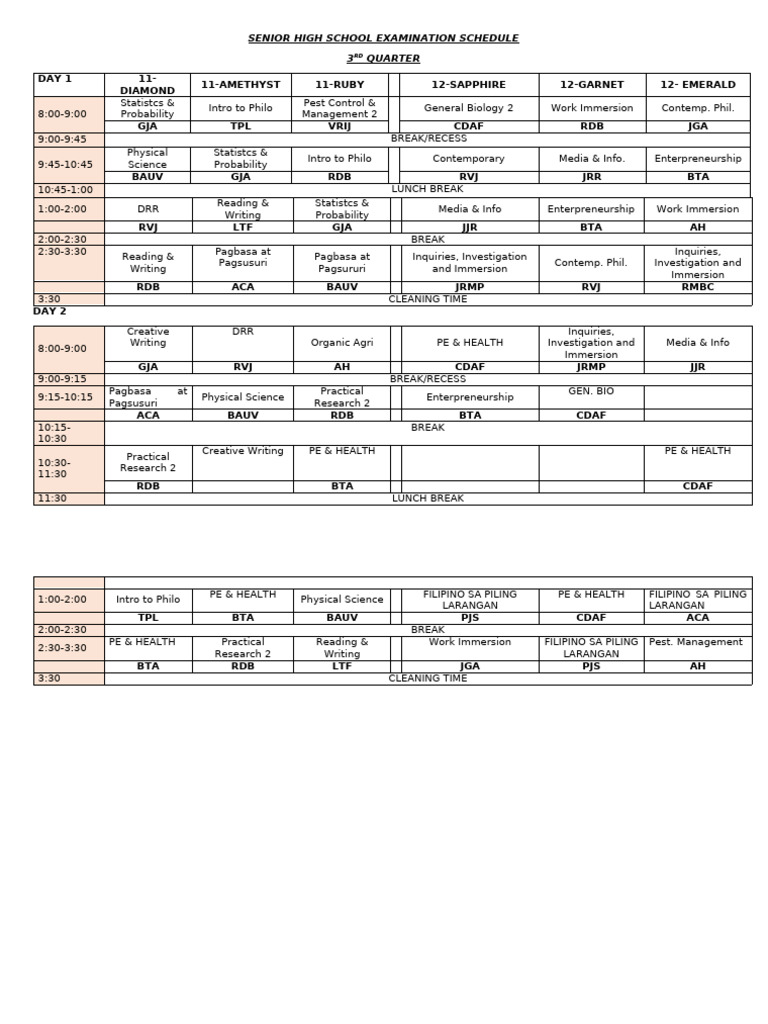 Senior High School Exam Schedule | PDF