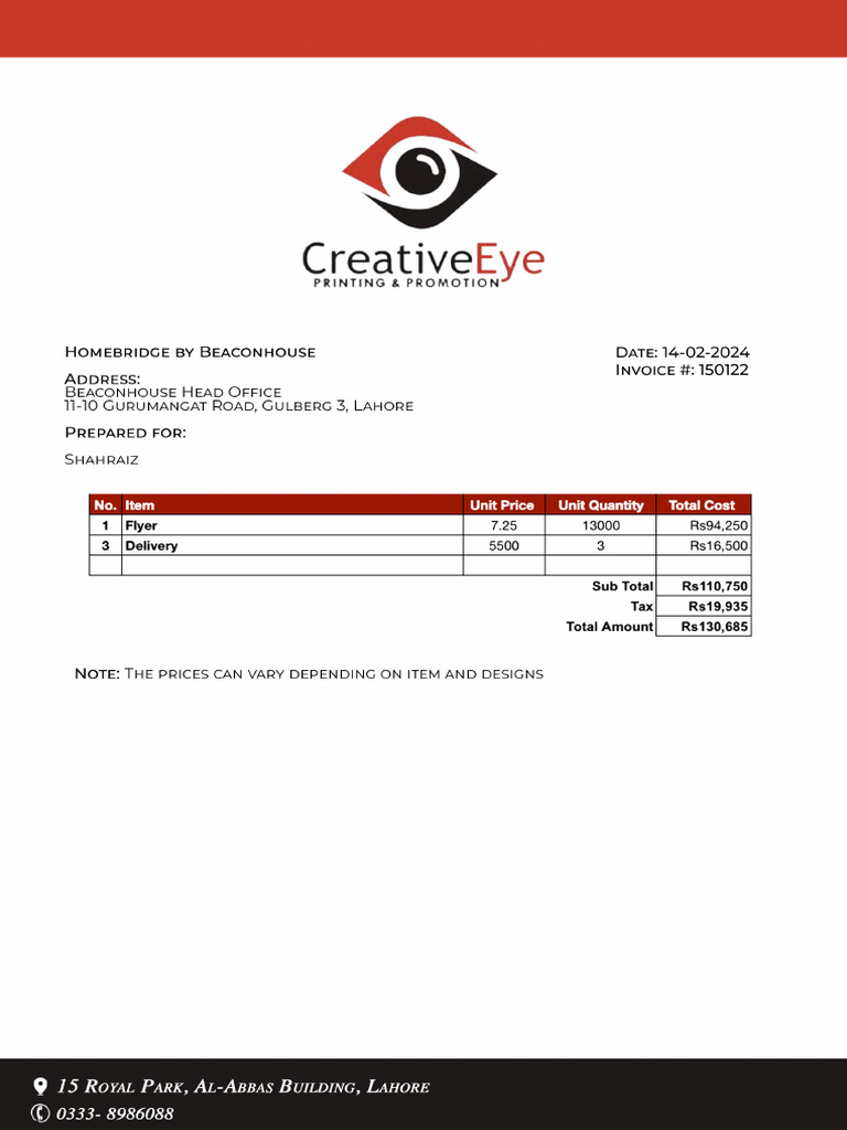 Creative Eye Invoice - Homebridge | PDF