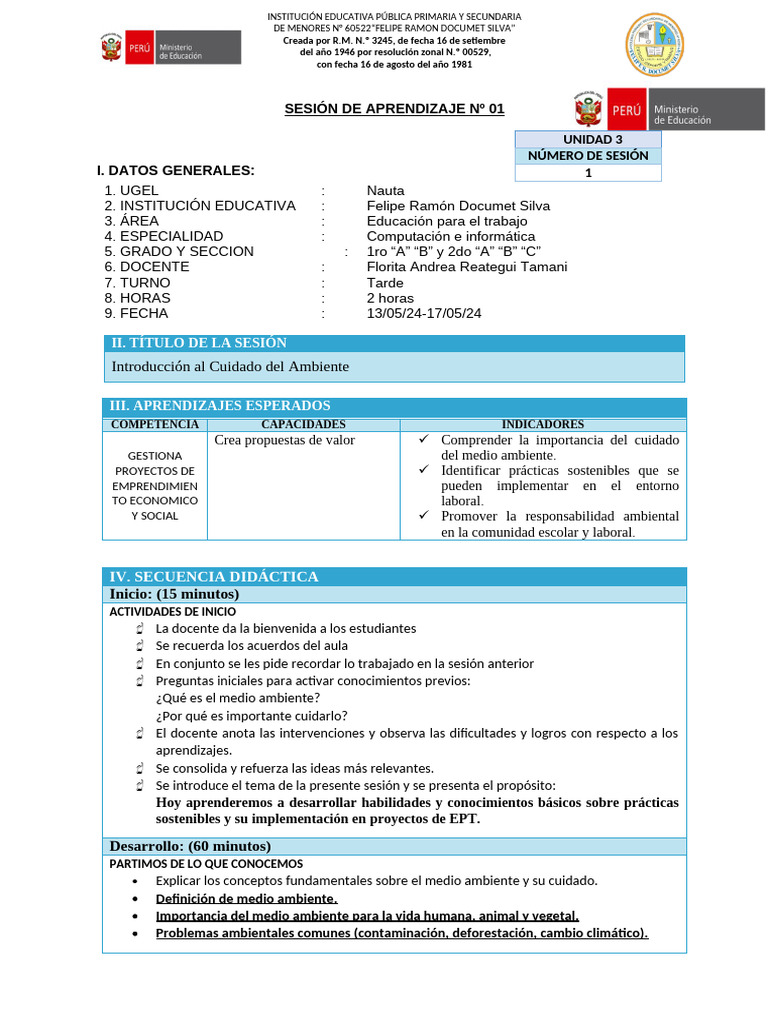 Sesion de Aprendizaje 1 EPT unidad 3 | PDF | Maestros | Aprendizaje