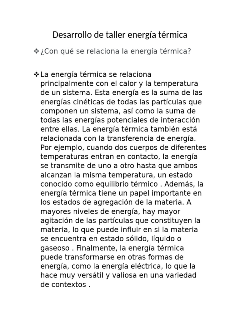 Desarrollo de Taller Energía Térmica | PDF | Transferencia de calor | Calor