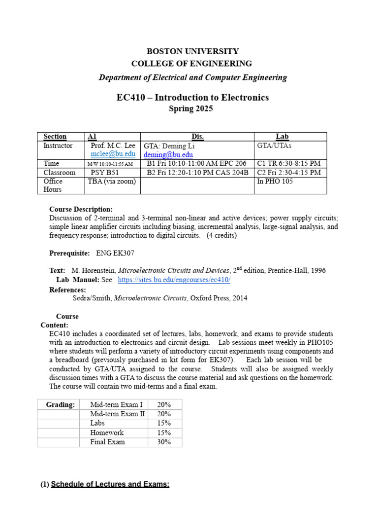 2025 Spring EC410 Syllabus | PDF | Transistor | Bipolar Junction Transistor