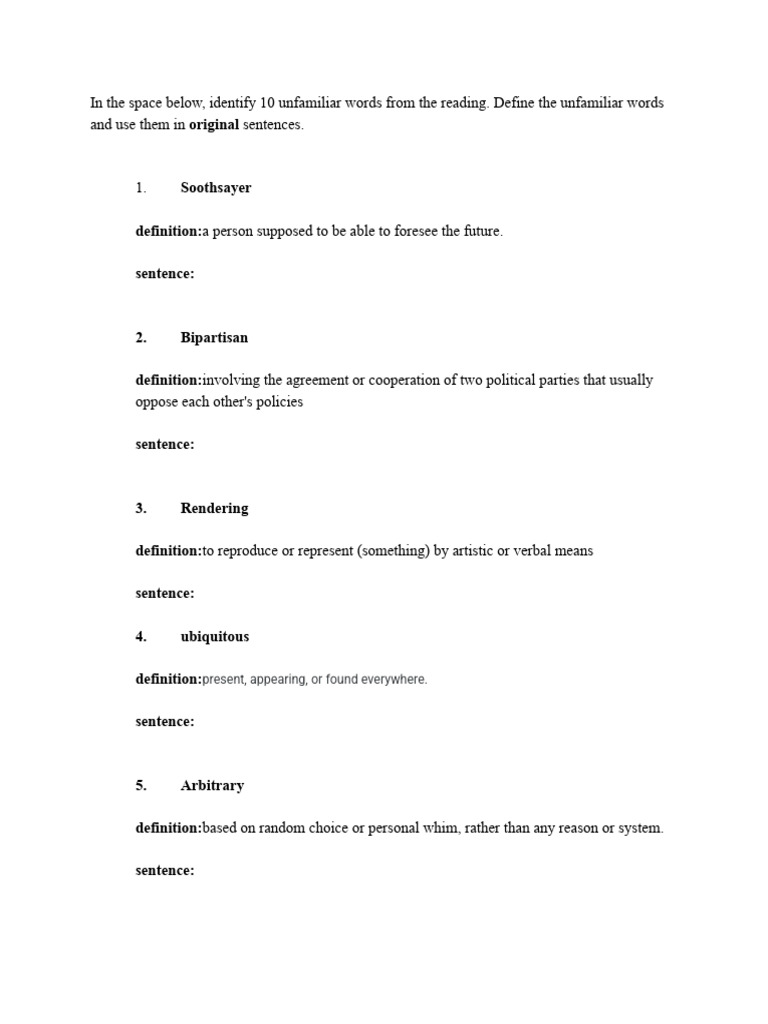 Unfamiliar Words and Definitions Guide | PDF