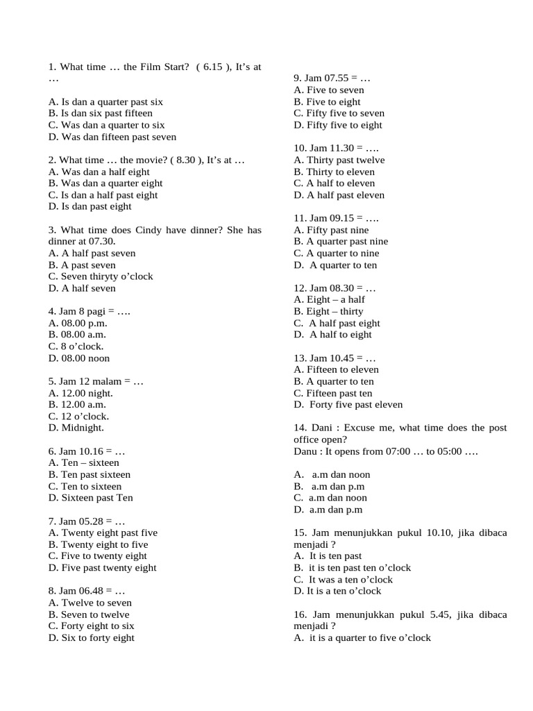 Latihan Soal Telling The Time | PDF