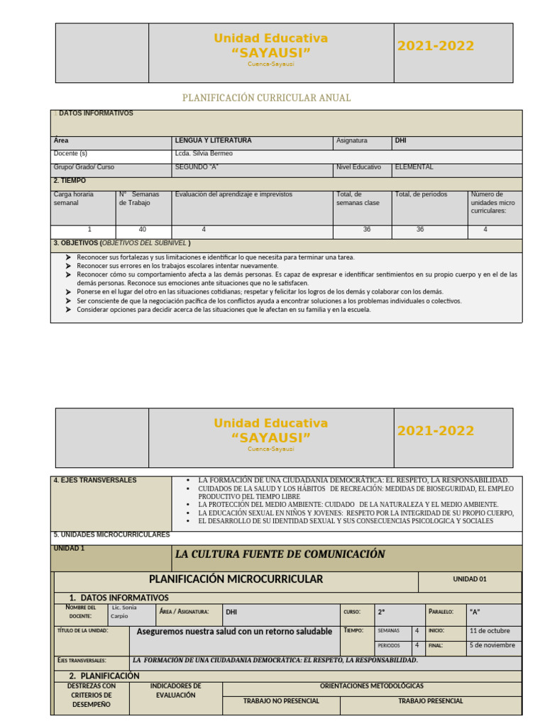 PCA DHI 2DO A DE EGB 2021-2022 | PDF | Comunicación | Empatía