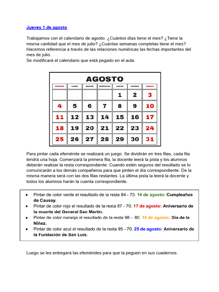 Actividades educativas de agosto 2023 | PDF | Multiplicación | Calendario