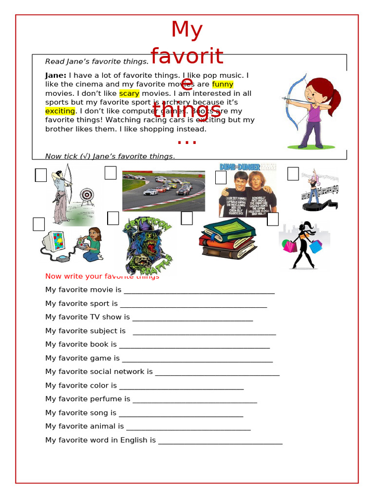 Jane's Favorite Things Worksheet | PDF