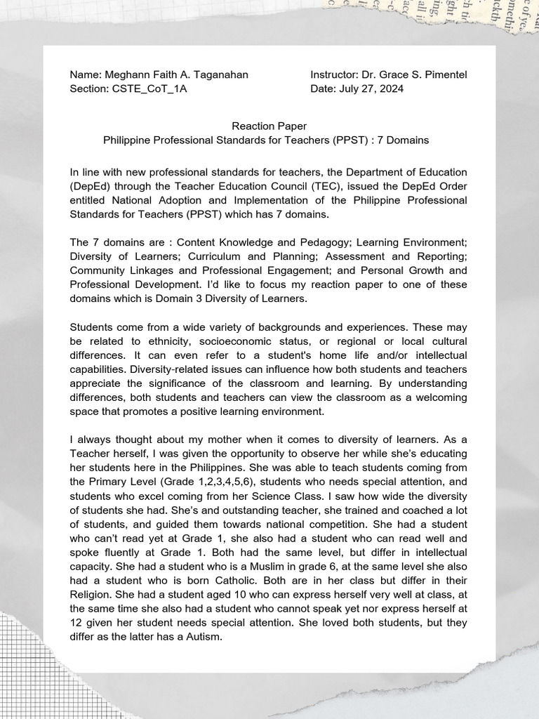 Taganahan_Reaction Paper for PPST 7 Domains | PDF | Teachers | Learning
