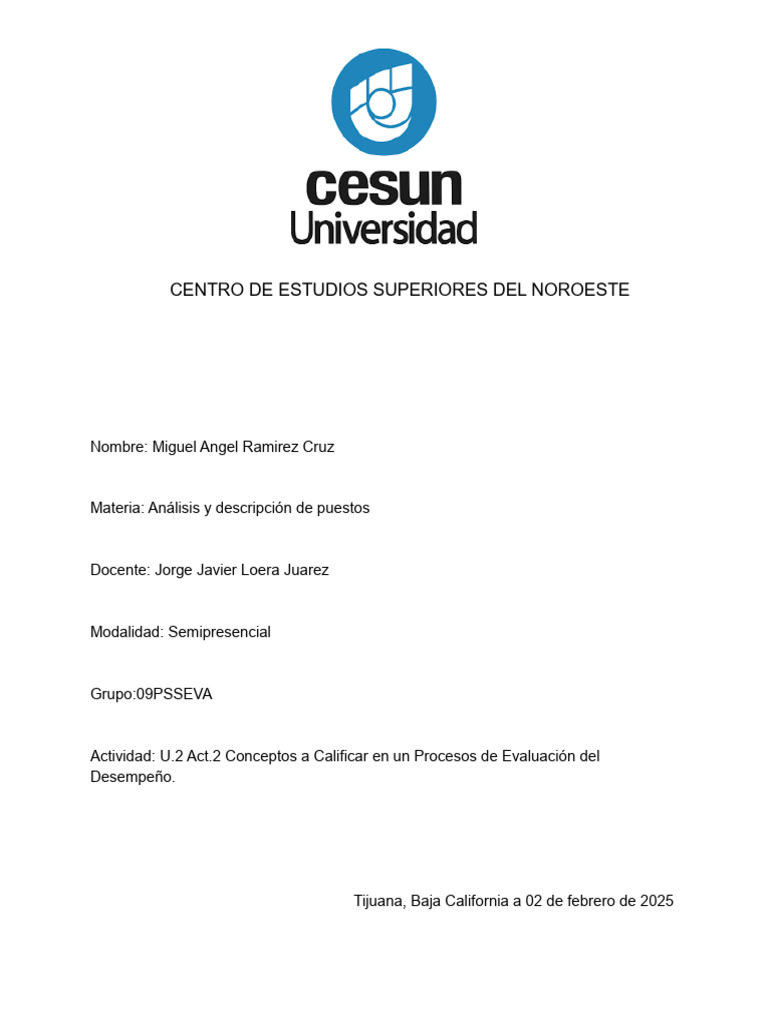 U.2 Act.2 Conceptos A Calificar en Un Procesos de Evaluación Del Desempeño | PDF | Calidad ...