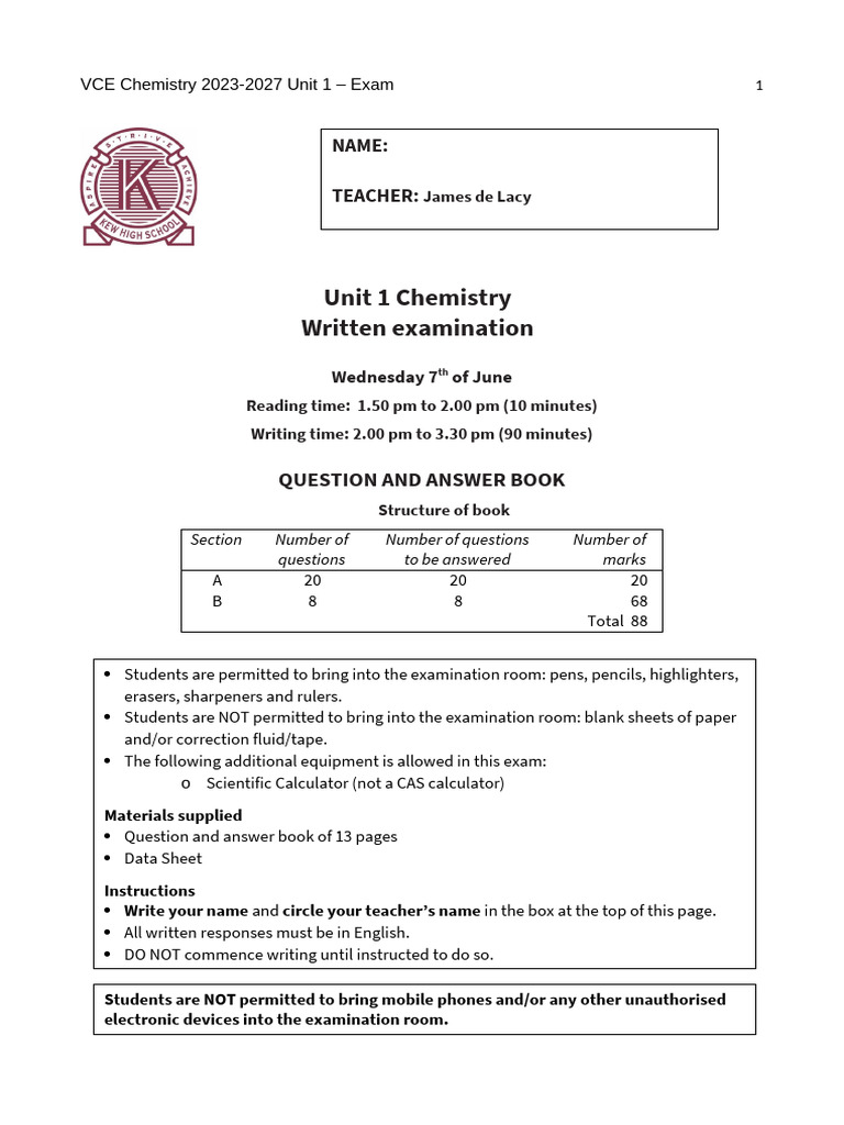 VCE Chemistry Exam 2023 Overview | PDF | Hydroxide | Chemical Compounds