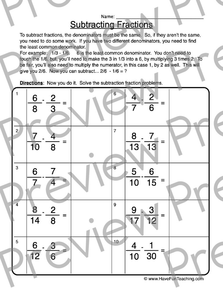 Subtracting Fractions Worksheet 1 Preview | PDF