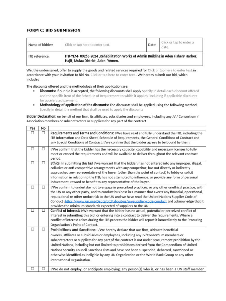 Bid Submission Form for ITB-YEM-00265 | PDF | Procurement | Business