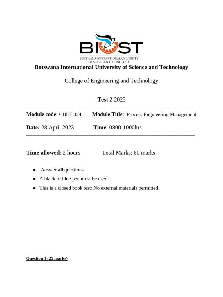 BIUST Process Engineering Management Test 2023 | PDF | Strategic ...
