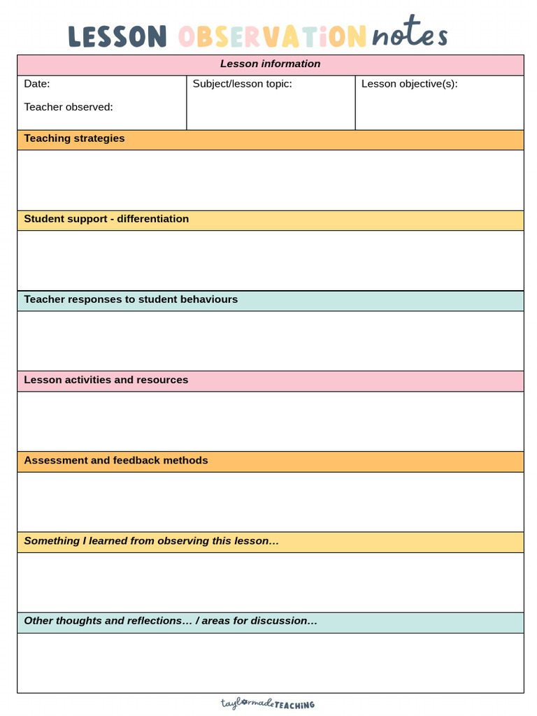Date: Teacher Observed: Subject/lesson Topic: Lesson Objective(s) | PDF