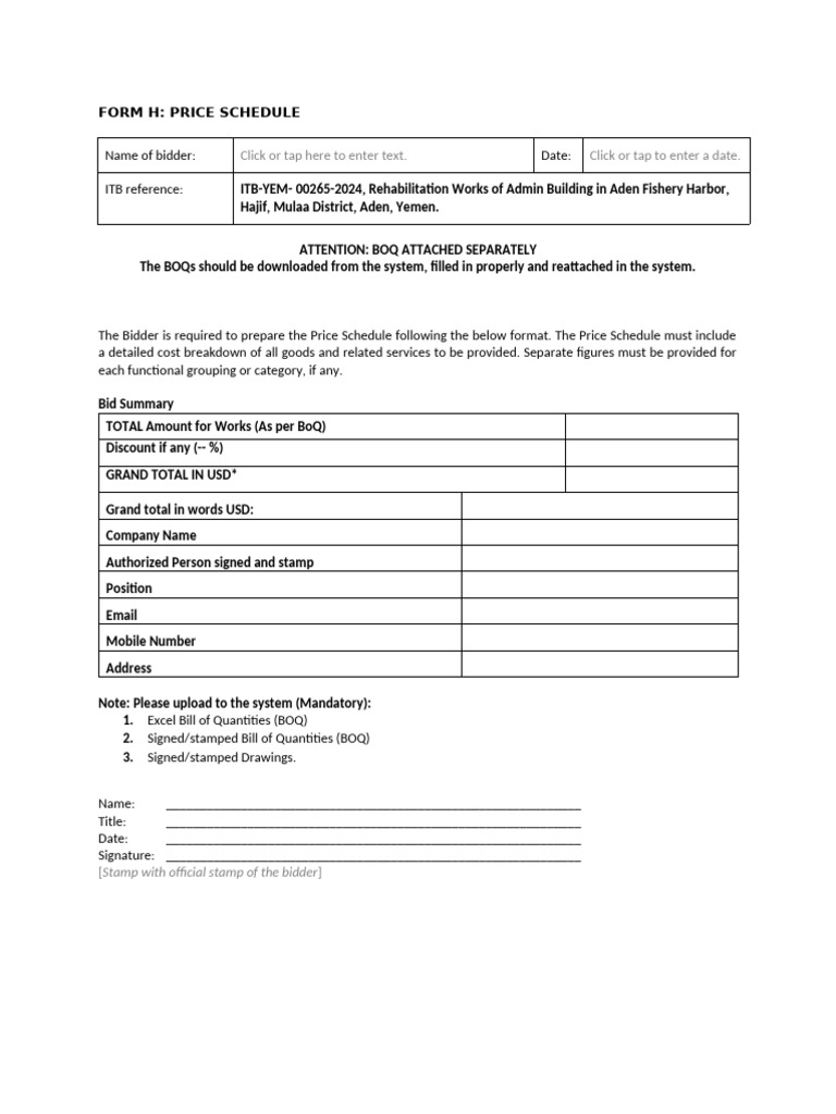 Section 7-Bidding Forms H-Price Schedule | PDF