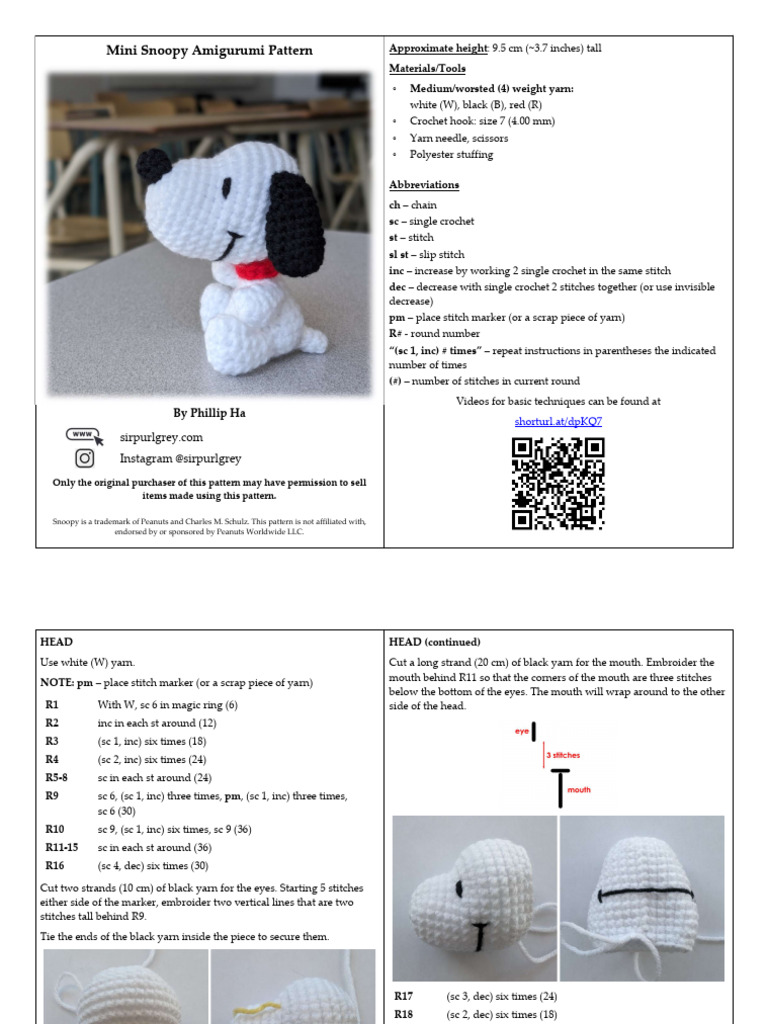 Free Mini Snoopy Crochet Pattern | PDF | Crochet | Figured Fabrics