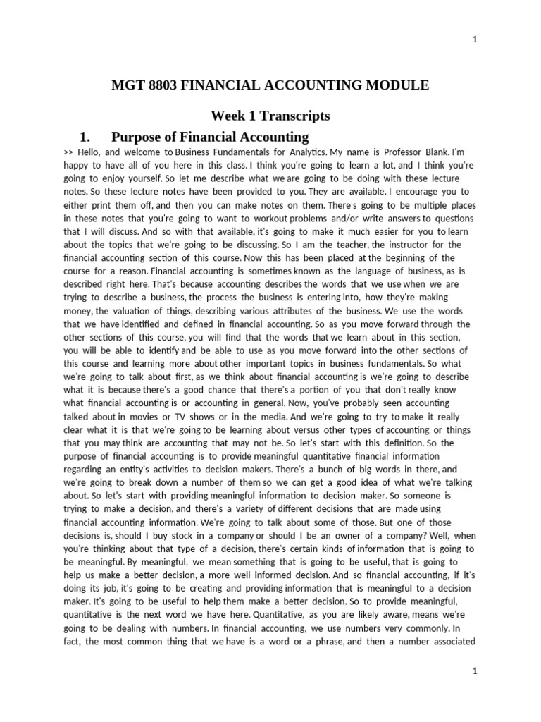 Week 1 Introduction To Financial Accounting Transcripts | PDF | Generally Accepted Accounting ...