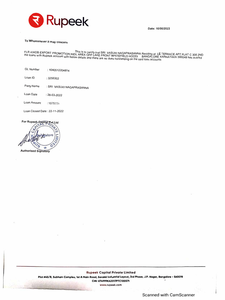 Loan Closure Certificate for Vasuki Nagaprasanna | PDF