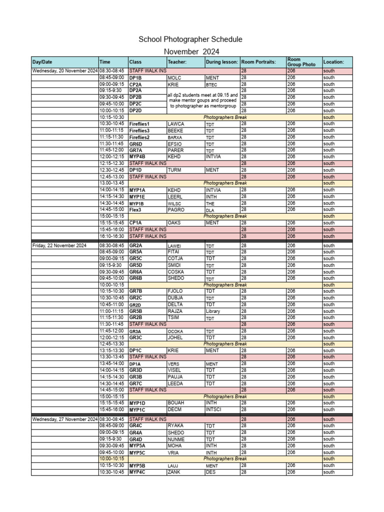 November 2024 Photography Schedule | PDF
