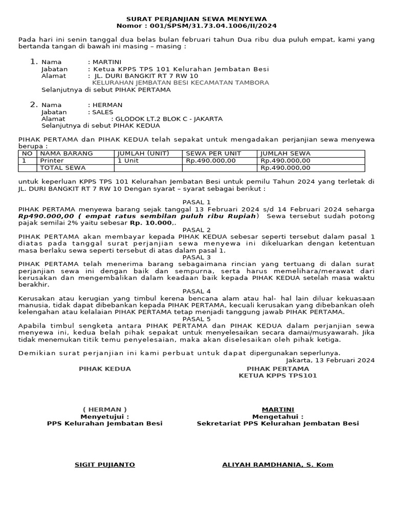 Draft Surat Perjanjian Sewa Menyewa Printer Pilkada 2024 | PDF